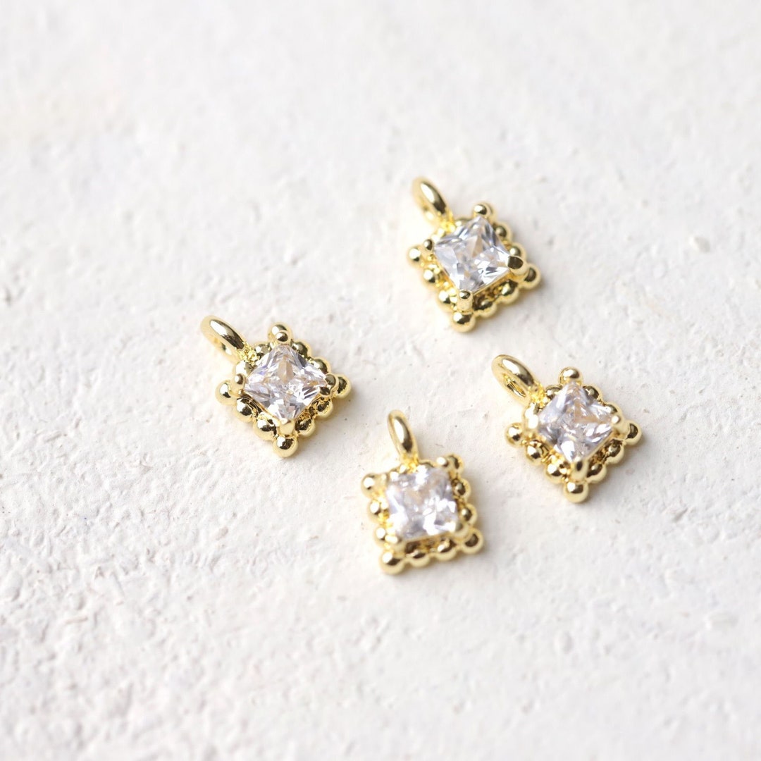 14K Gold Plated Mini Pendant,square Crystal Charm,cubic Zirconia Square ...