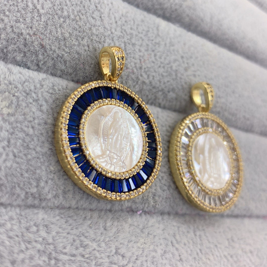 MOP Maria Pendant, 18K Gold Brass Inlay Shell, the Virgin Mary, CZ Pave ...