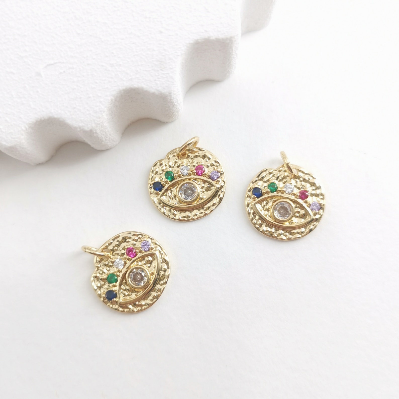 Hammered Round Evil Eye Charm,18k Gold Plated,cubic Zircon Devil's Eye ...