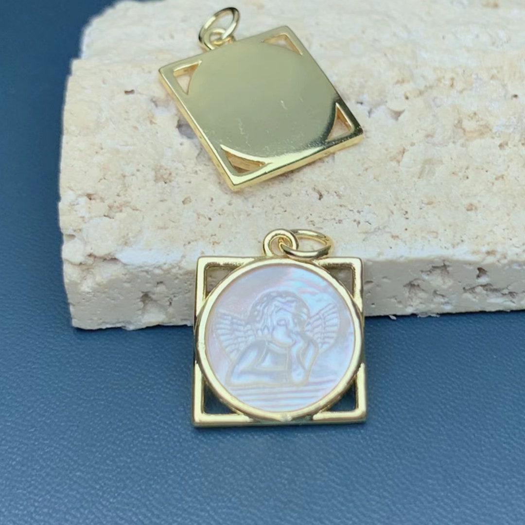 MOP Angel Pendant, 18K Gold Brass Inlay Shell Angel, Square Charms, for ...