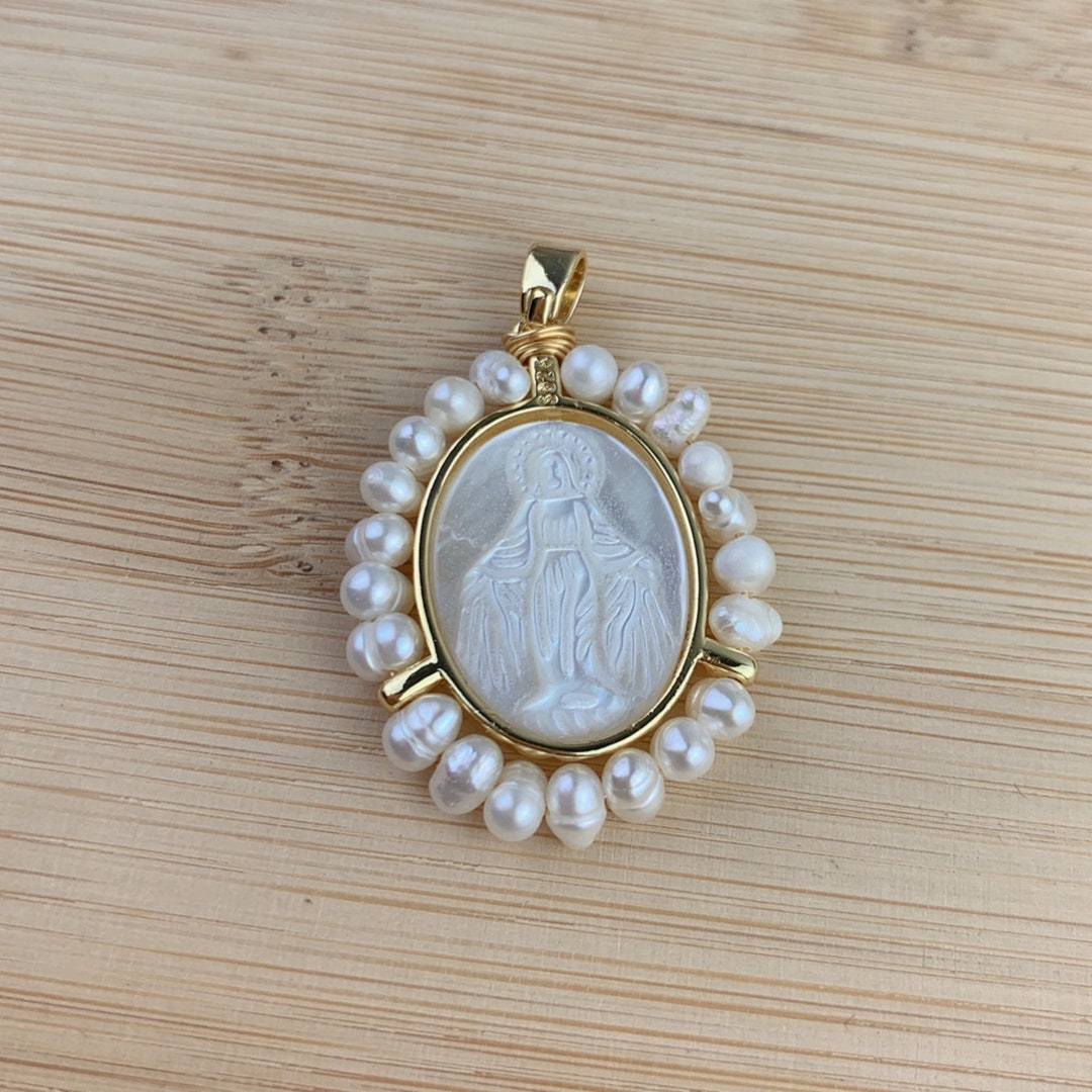MOP Maria Pendant, 18K Gold Brass Inlay Shell, the Virgin Mary, Oval ...