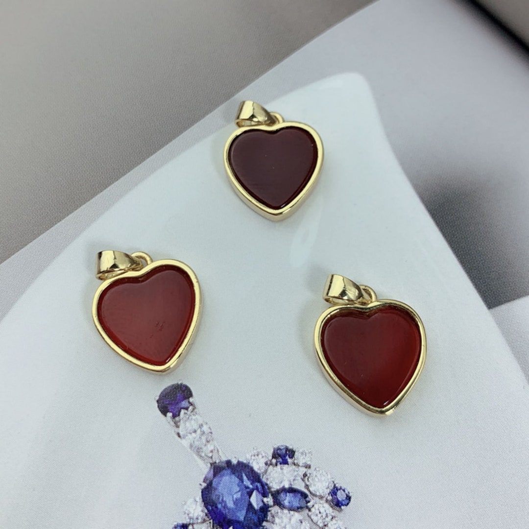 Natural Agate Red Heart Pendant, 14k Gold Plated, for Necklace and ...