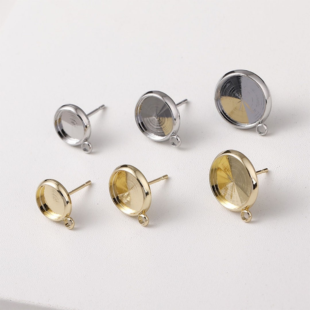 10pcs Flat Back Earring Post With Loop, 10mm,12mm,14mm, Round Gold ...