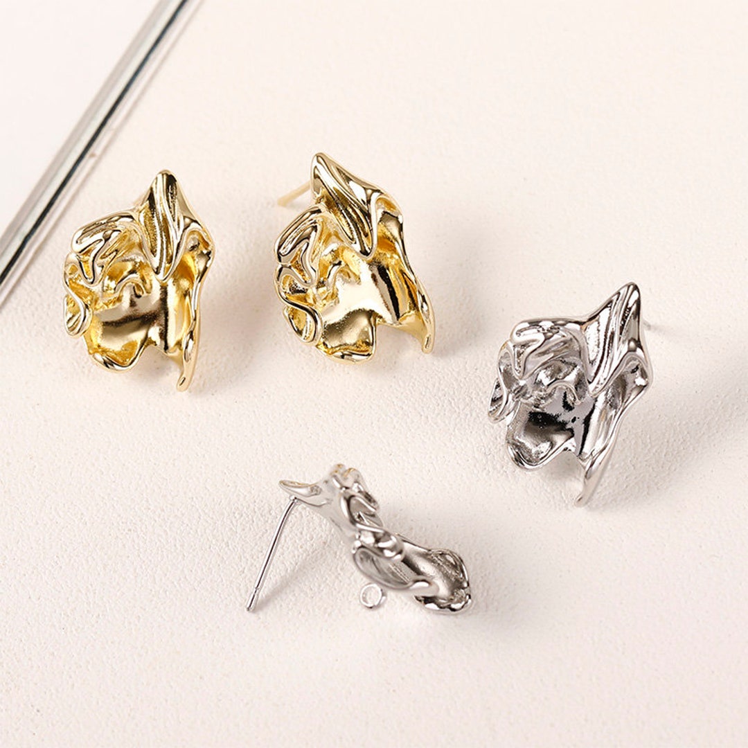 Lrregular Fold Flowers Earring With Loop, Flowers Earring Post,14k Real ...