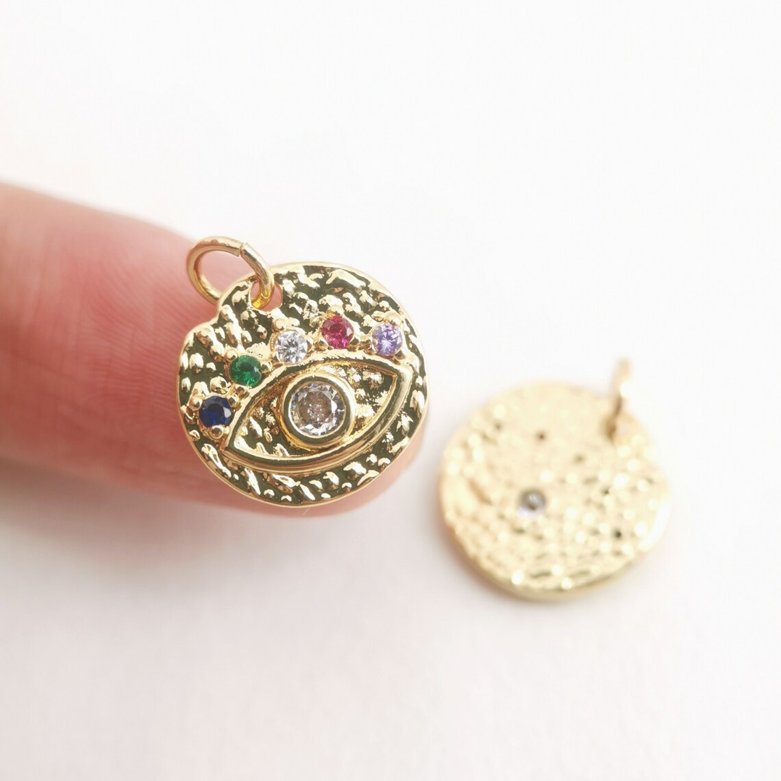 Hammered Round Evil Eye Charm,18k Gold Plated,cubic Zircon Devil's Eye ...