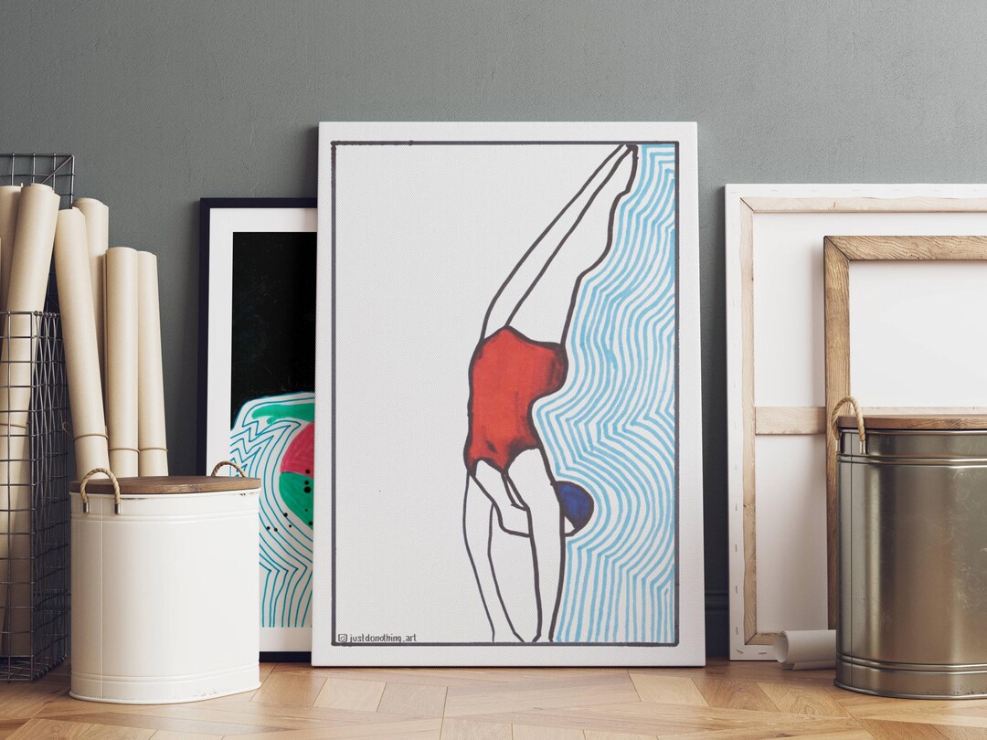Baywatch Red – Hand-painted A3 Art Print – Woman Jumps in Pool ...