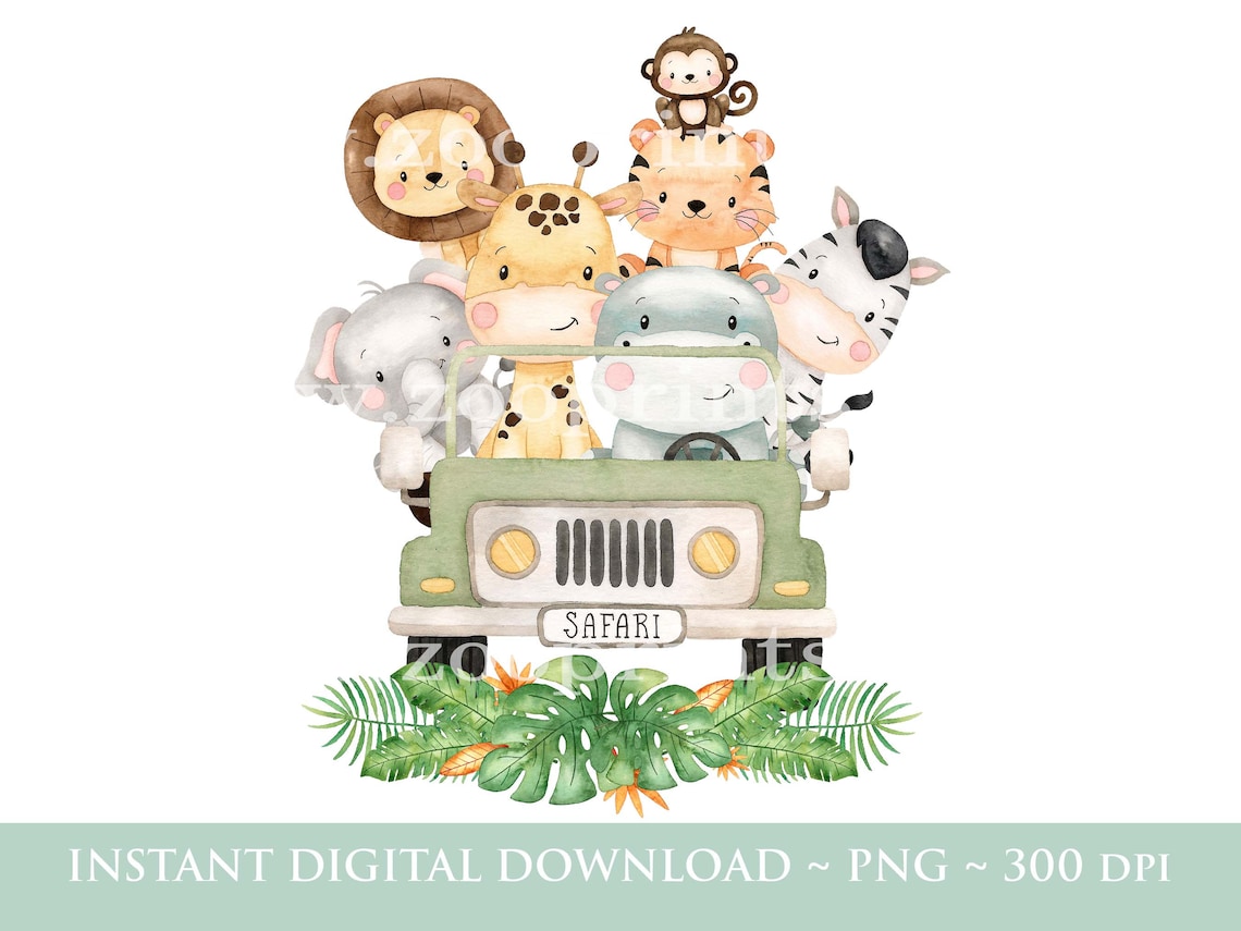 Baby Safari Animals Kids Car PNG, Watercolor Baby Animals, T Shirt ...