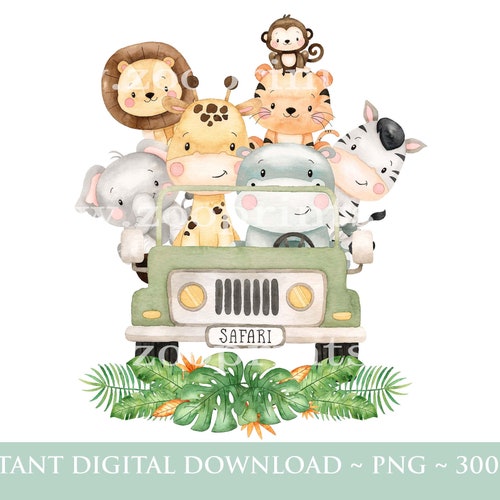 Baby Safari Animals Kids Car PNG Watercolor Baby Animals T - Etsy
