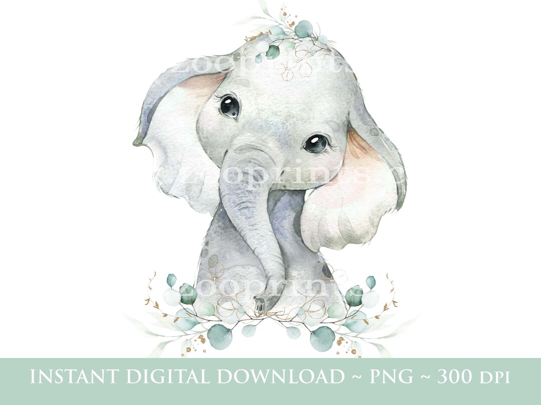 Baby Elephant Green Floral PNG, Watercolor Elephant, Wild One, Two Wild ...