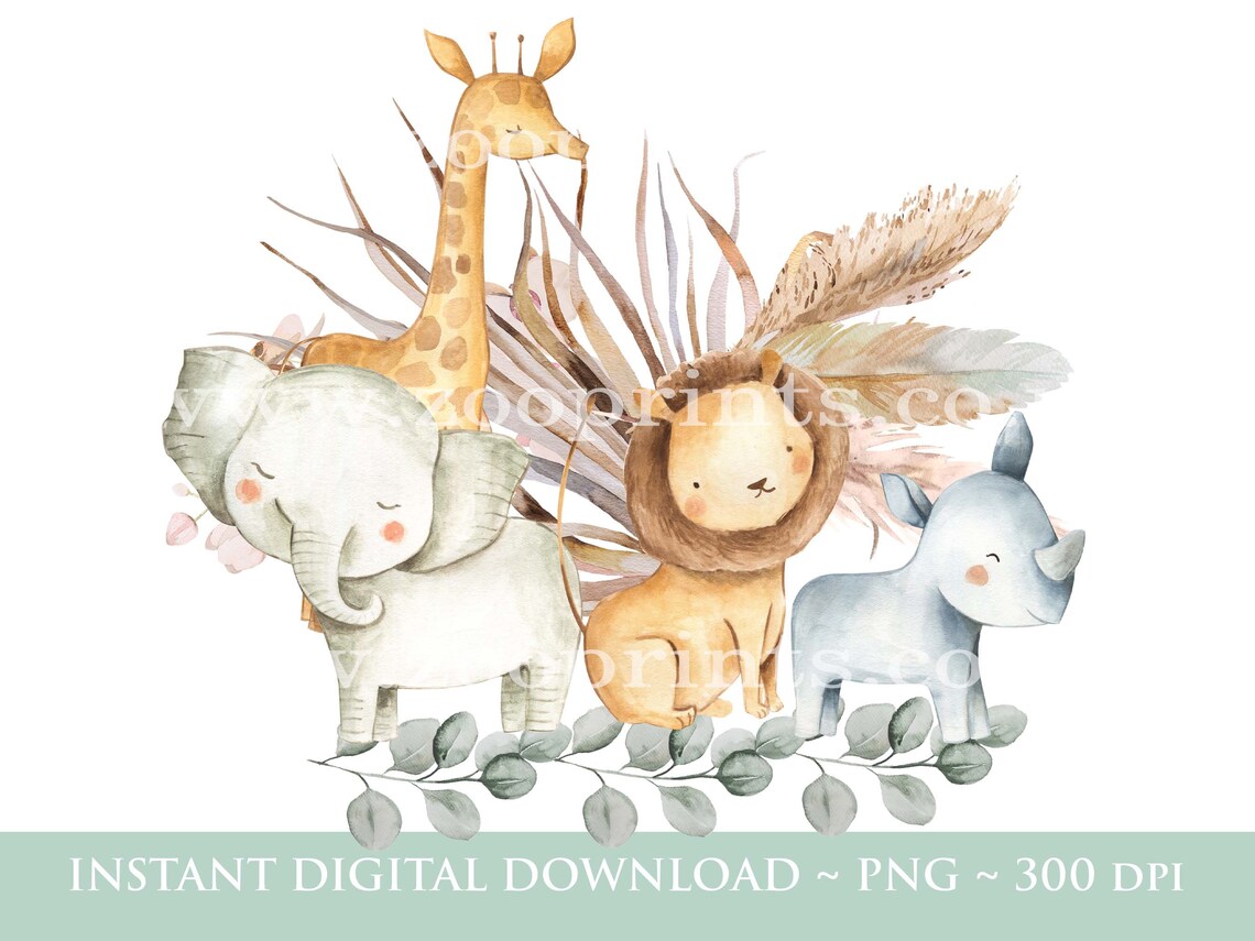 Kids Safari Jungle Animals, Watercolor Baby Animals, Wild One, Two Wild ...