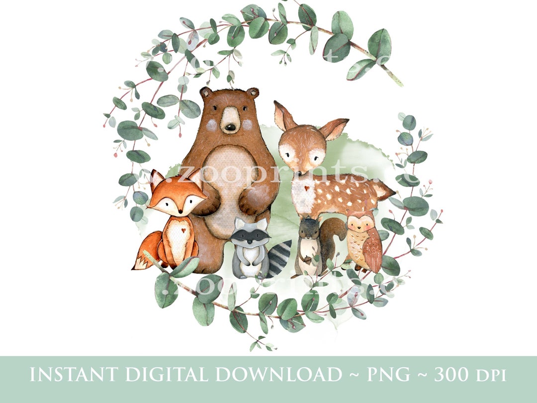 Woodland Forest Animals Eucalyptus Wreath PNG, Woodland Animals ...
