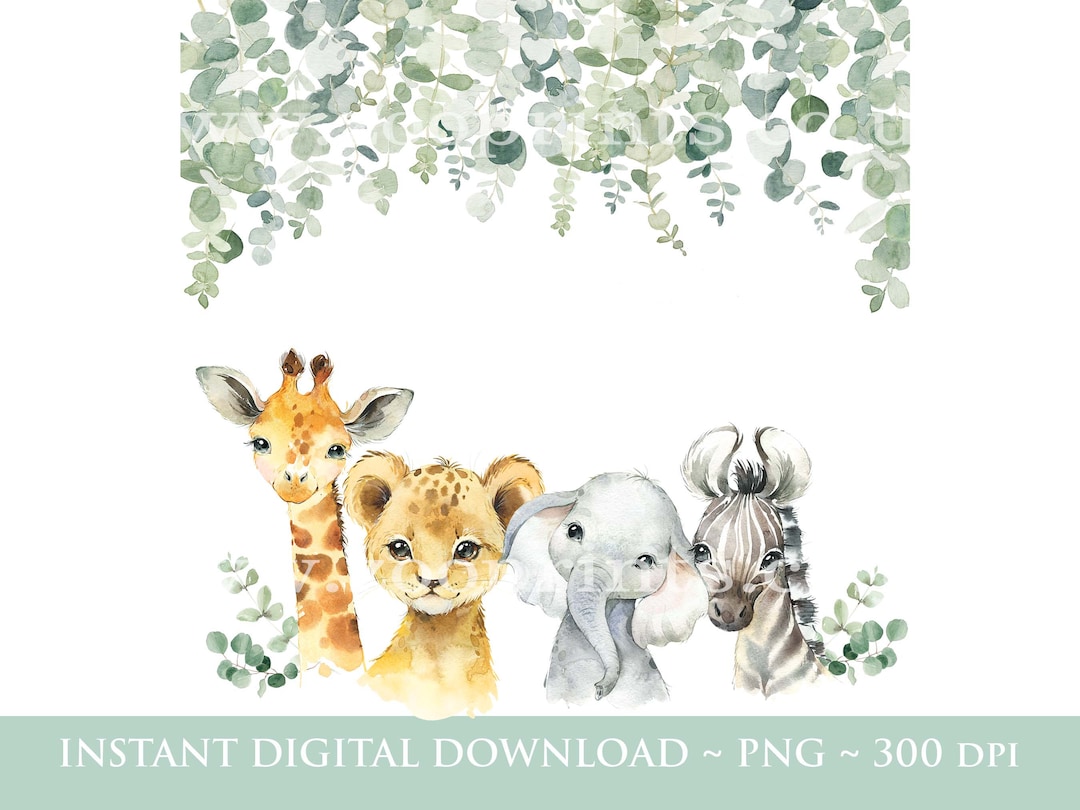 Baby Safari Animals Wreath, Watercolor Baby Animals, Wild One, Two Wild ...