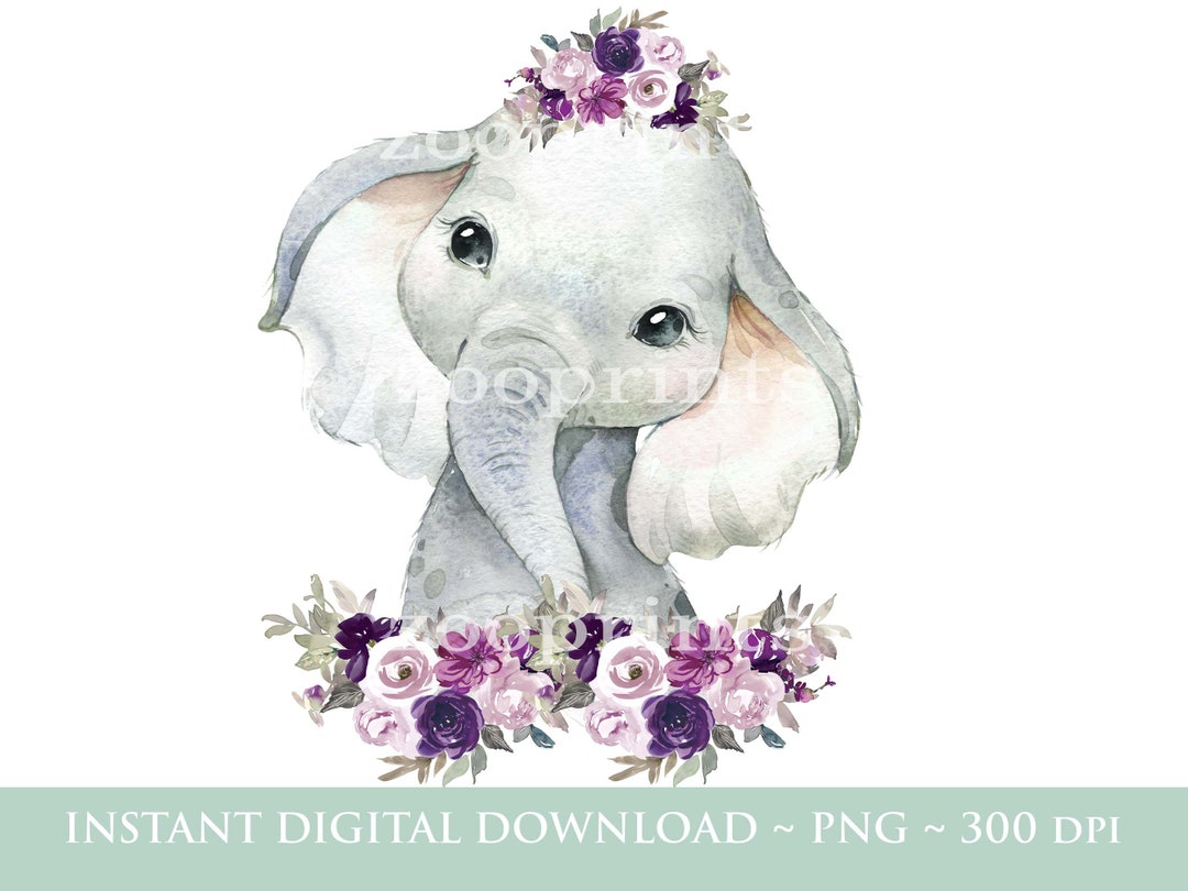Baby Elephant Purple Floral PNG, Watercolor Elephant, Wild One, Two ...