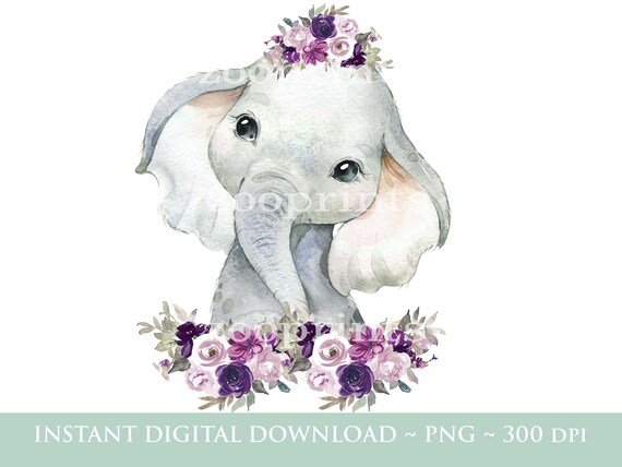 Baby Elephant Purple Floral PNG Watercolor Elephant Wild - Etsy