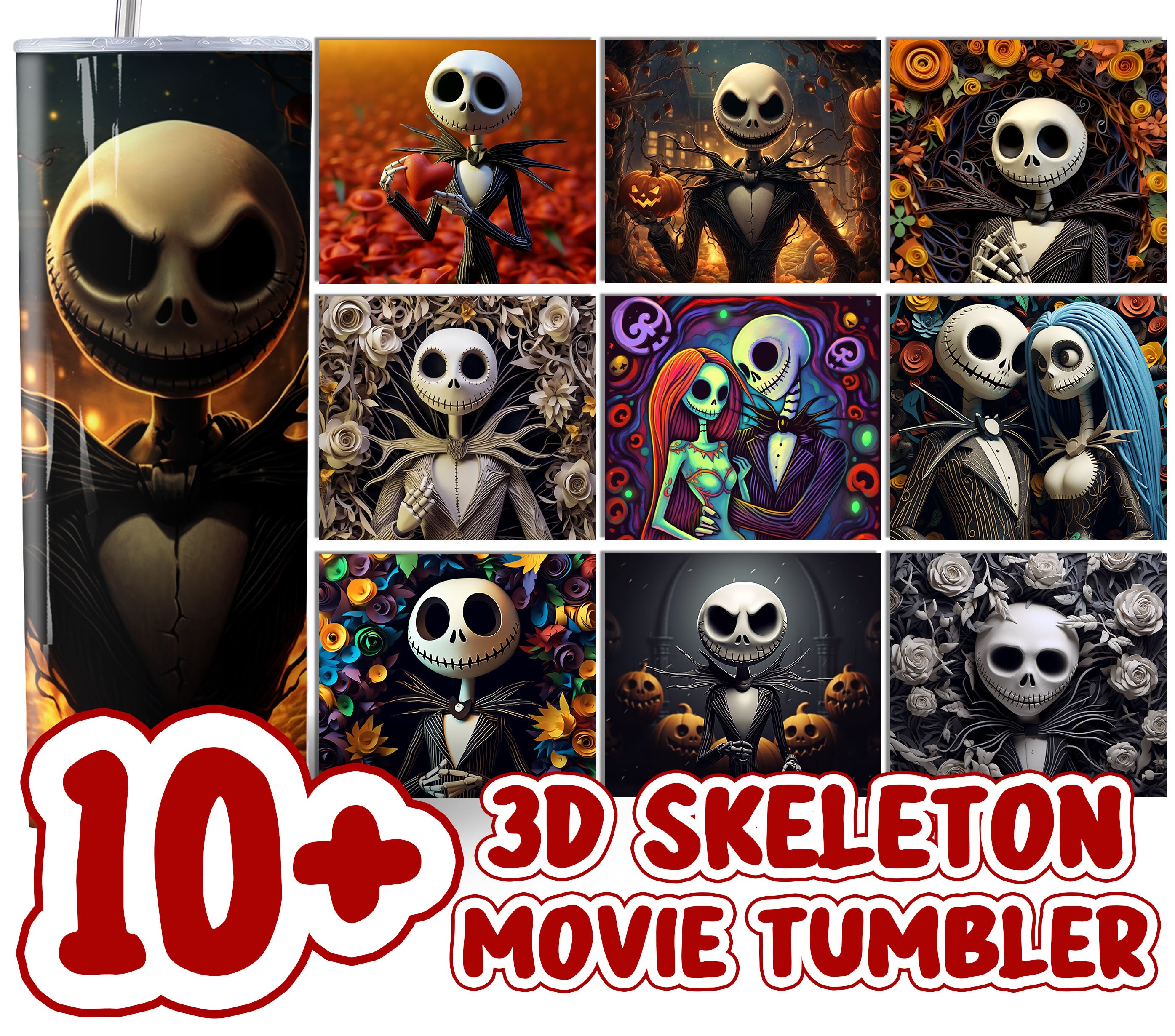 10 3D Halloween Movie Tumbler Wrap Png, Horror Skeleton Character 20 Oz ...