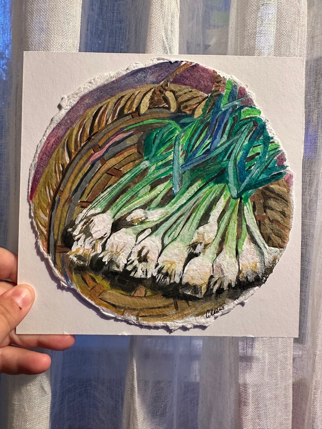 Scallion Still Life Study, Original Gouache Painting on Paper, Round ...