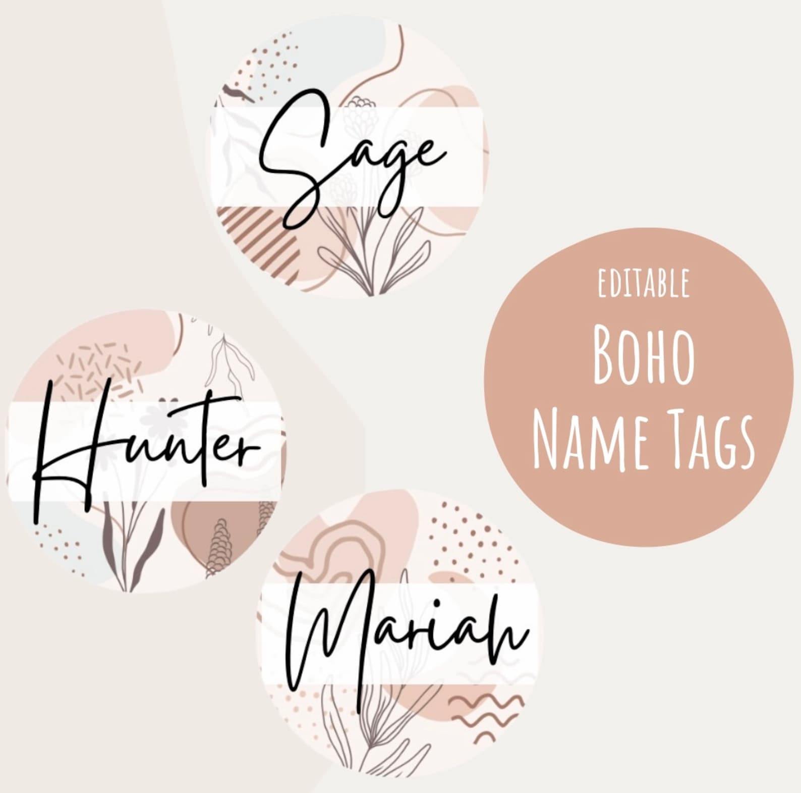 Boho Classroom Name Tags: Editable Round Labels (digital Download) - Etsy