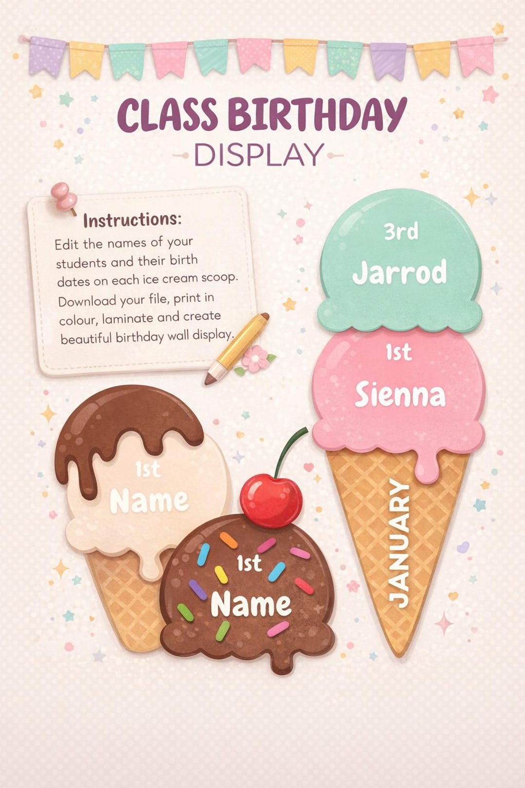 Class Birthday Display – Ice Cream Theme | Editable Canva Template ...