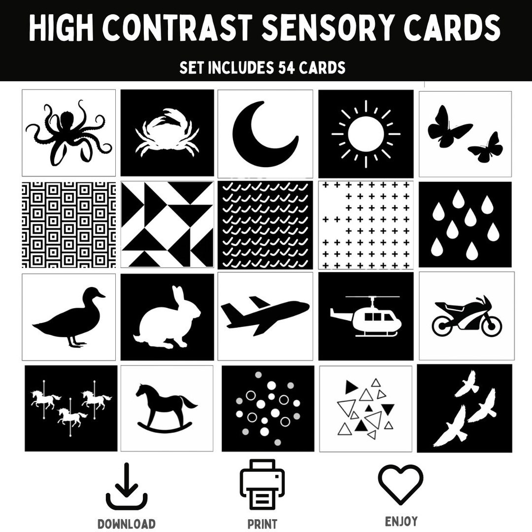 54 Printable Sensory Flashcards | High-contrast | Newborn Cards ...