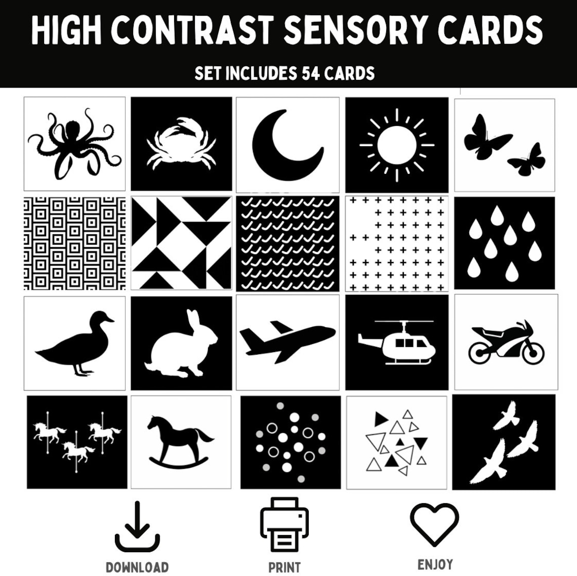 54 Printable Sensory Flashcards | High-contrast | Newborn Cards ...