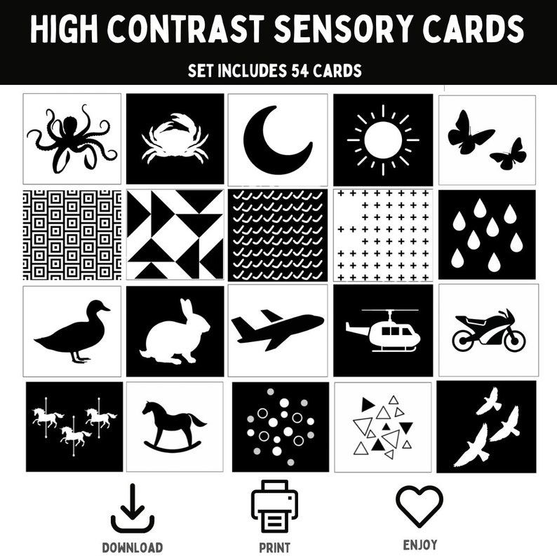 54 Printable Sensory Flashcards | High-contrast | Newborn Cards ...