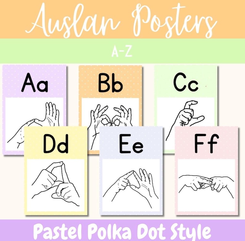 Auslan Alphabet Posters: Pastel Rainbow Polka Dot Classroom Decor ...