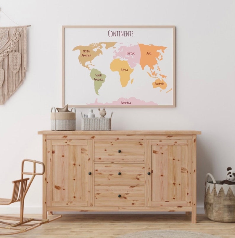 Kids World Map Printable Continents Educational Poster Nursery Prints ...