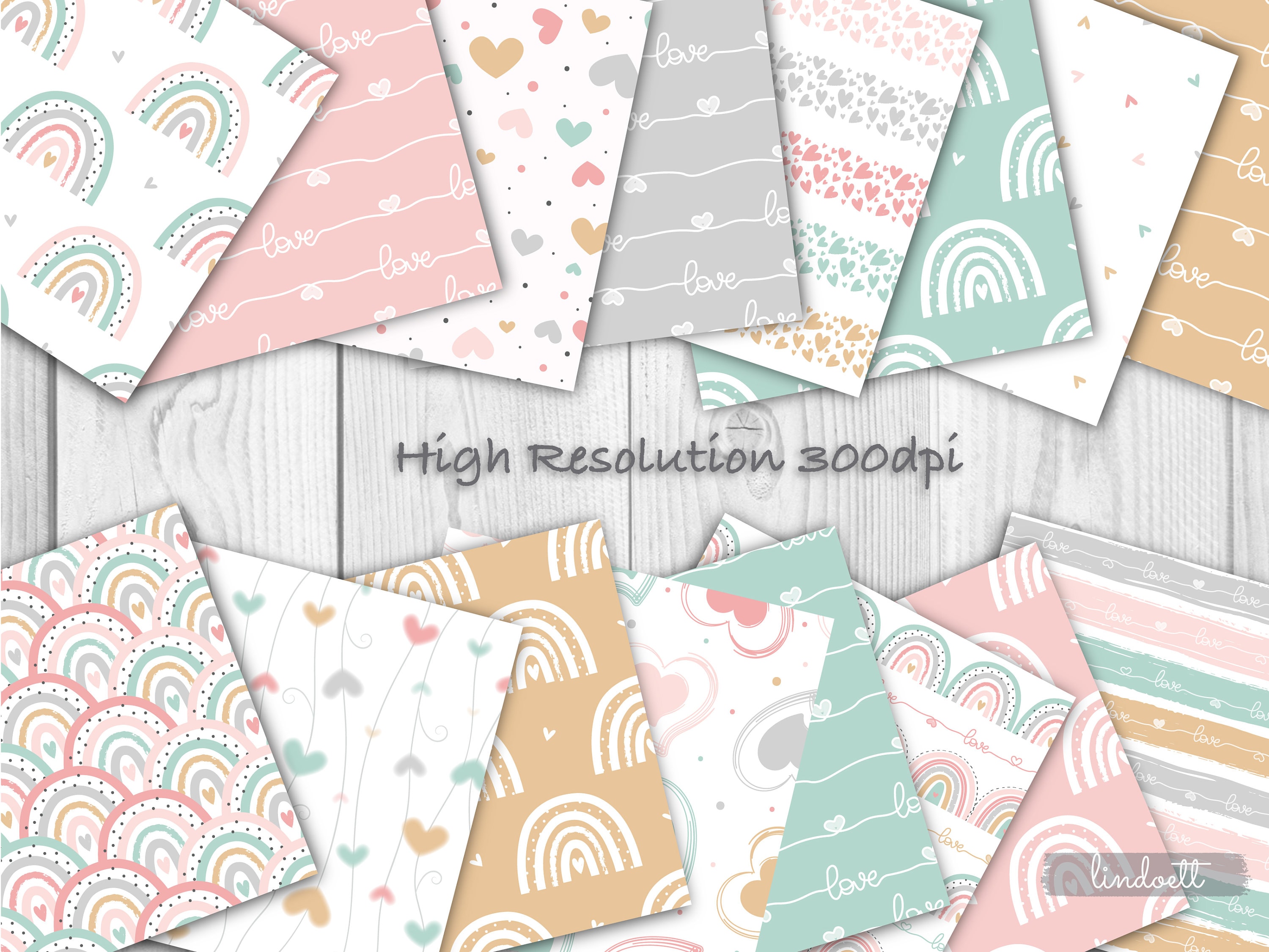 Pastel Rainbows Love Digital Papers Set, 16 Papers Pastel Valentine ...