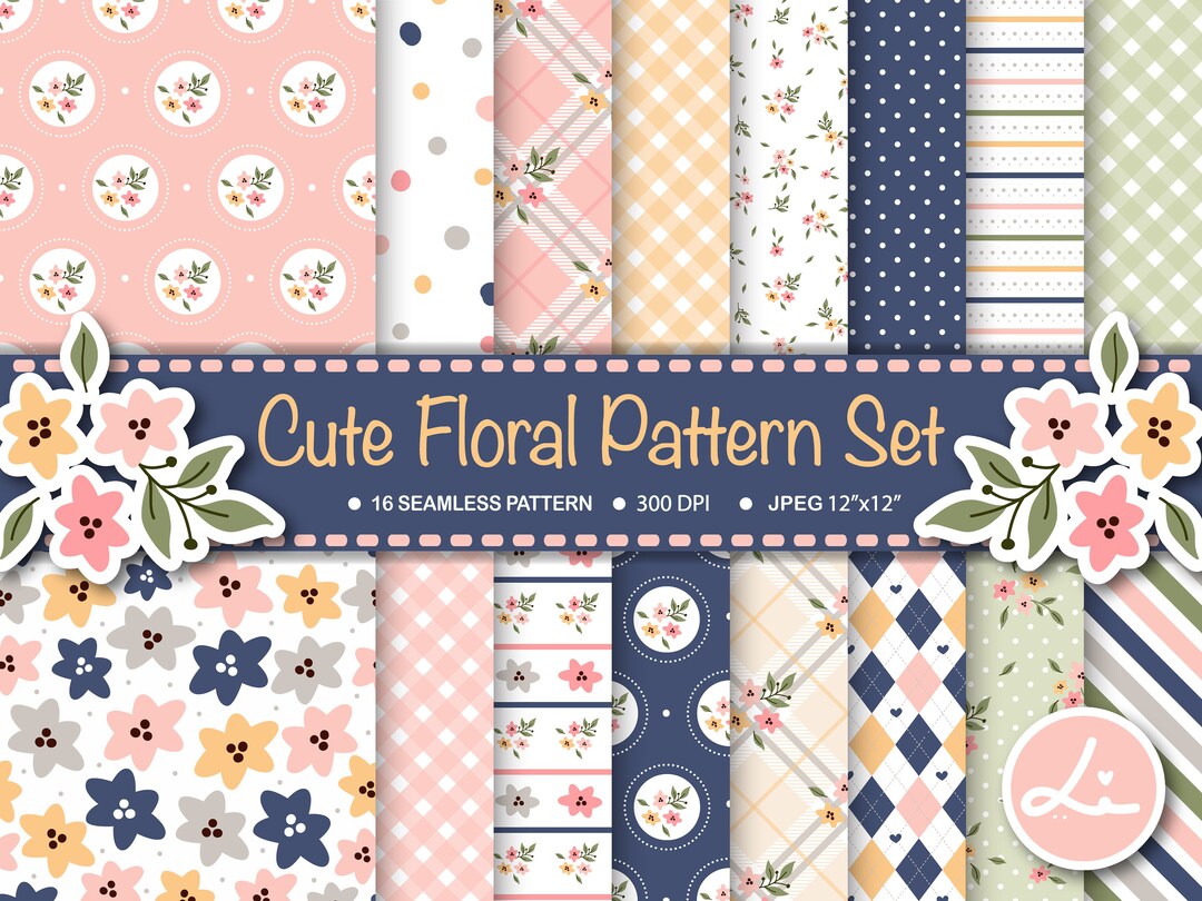 16 Cute Floral Digital Papers. Cute Flower Seamless Pattern Set on ...