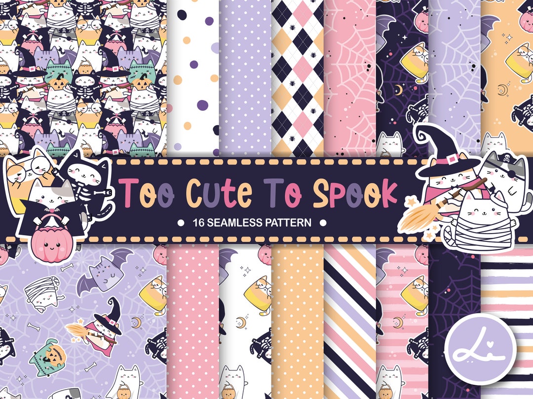16 Digital Papers Halloween Kawaii Cute Cats Seamless Pattern, Pastel ...