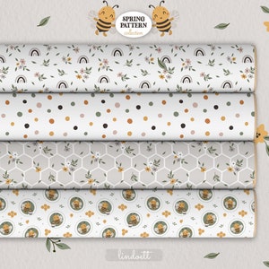 16 Bee Happy Digital Papers. Cute Bees Seamless Pattern Set. Summer ...