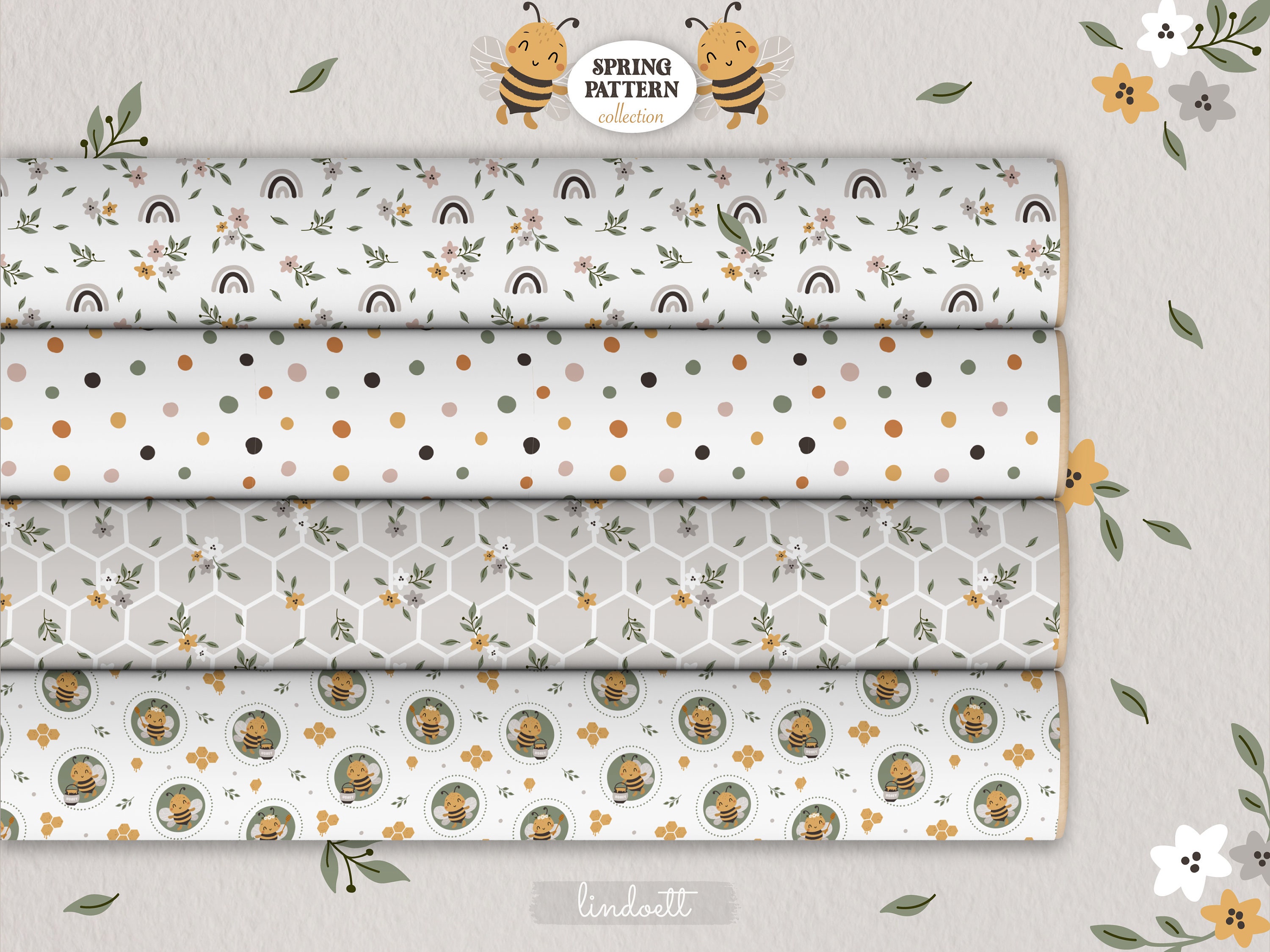 16 Bee Happy Digital Papers. Cute Bees Seamless Pattern Set. Summer ...