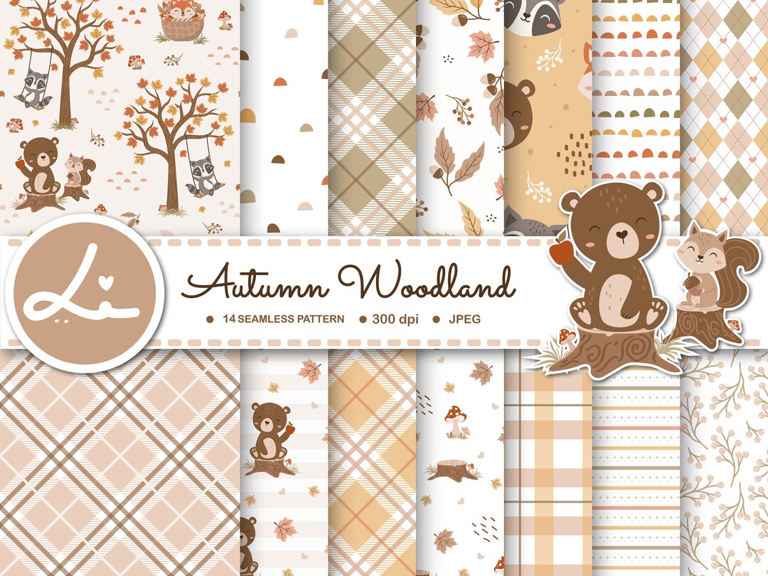 Autumn Woodland Animal Digital Paper Pack.14 Woodland Animal Seamless ...
