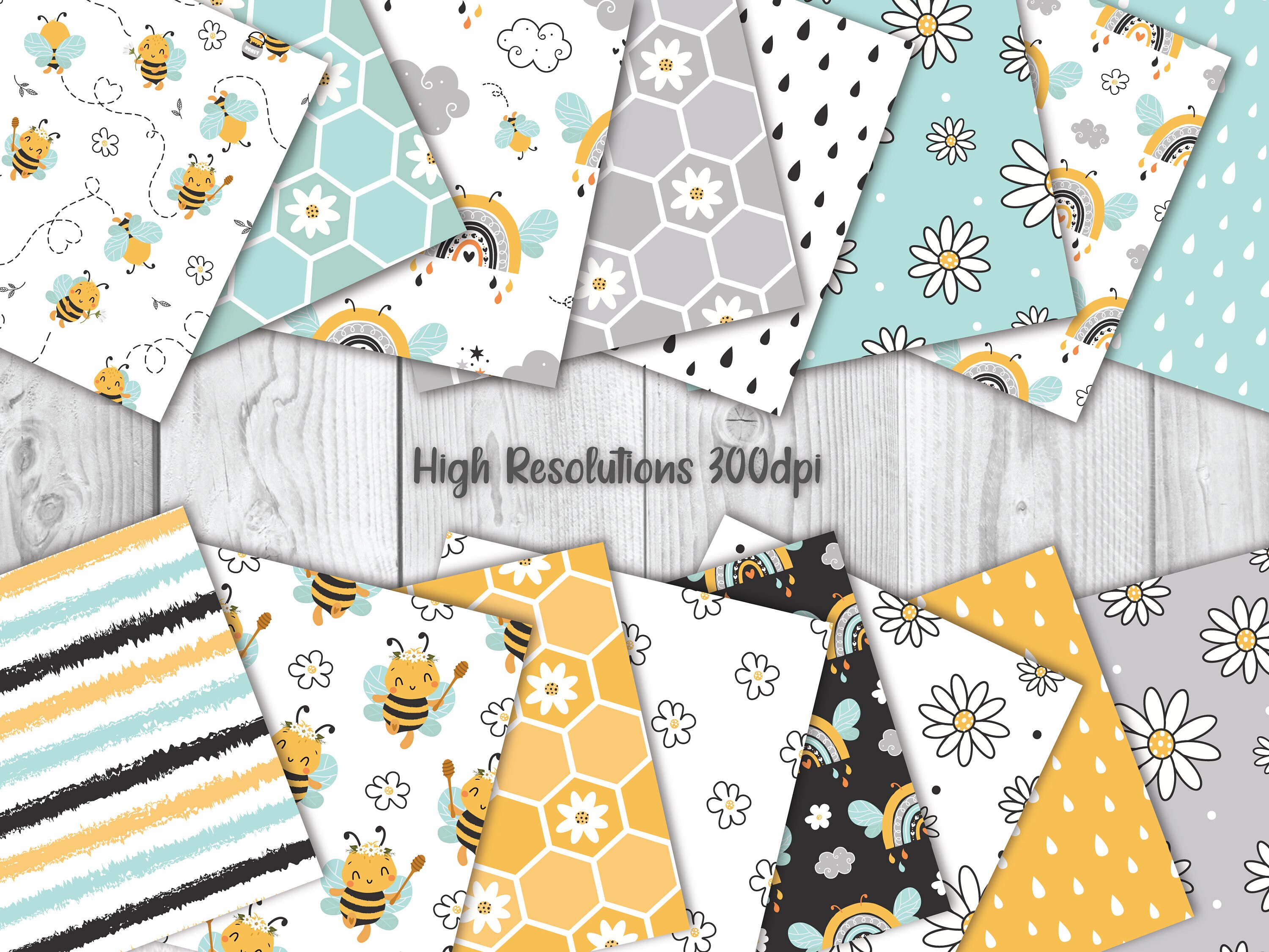 16 Cute Bees Digital Papers. Cute Bees Seamless Pattern Set. Summer ...
