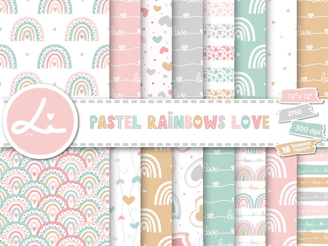 Pastel Rainbows Love Digital Papers Set, 16 Papers Pastel Valentine ...