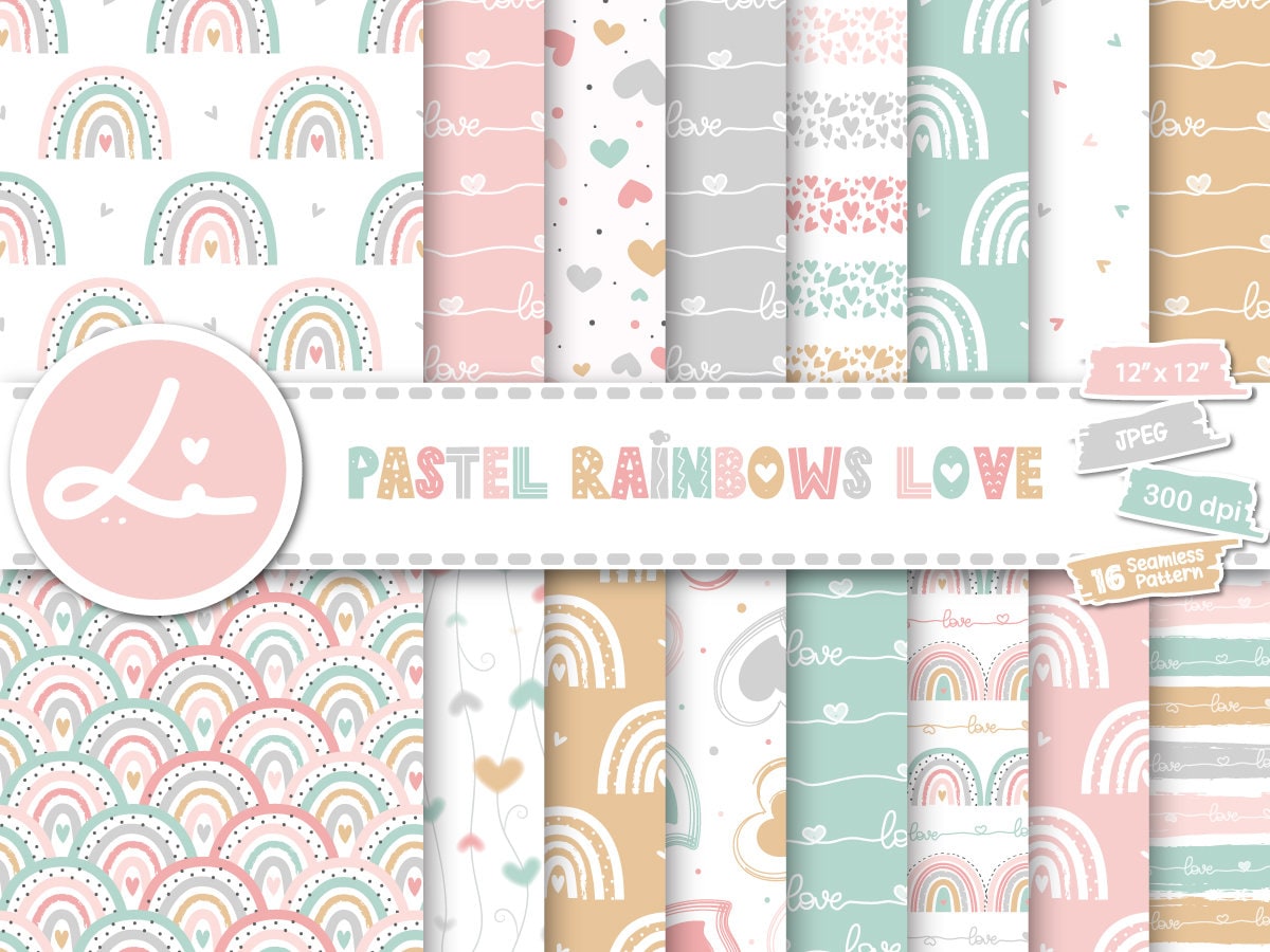 Pastel Rainbows Love Digital Papers Set, 16 Papers Pastel Valentine ...