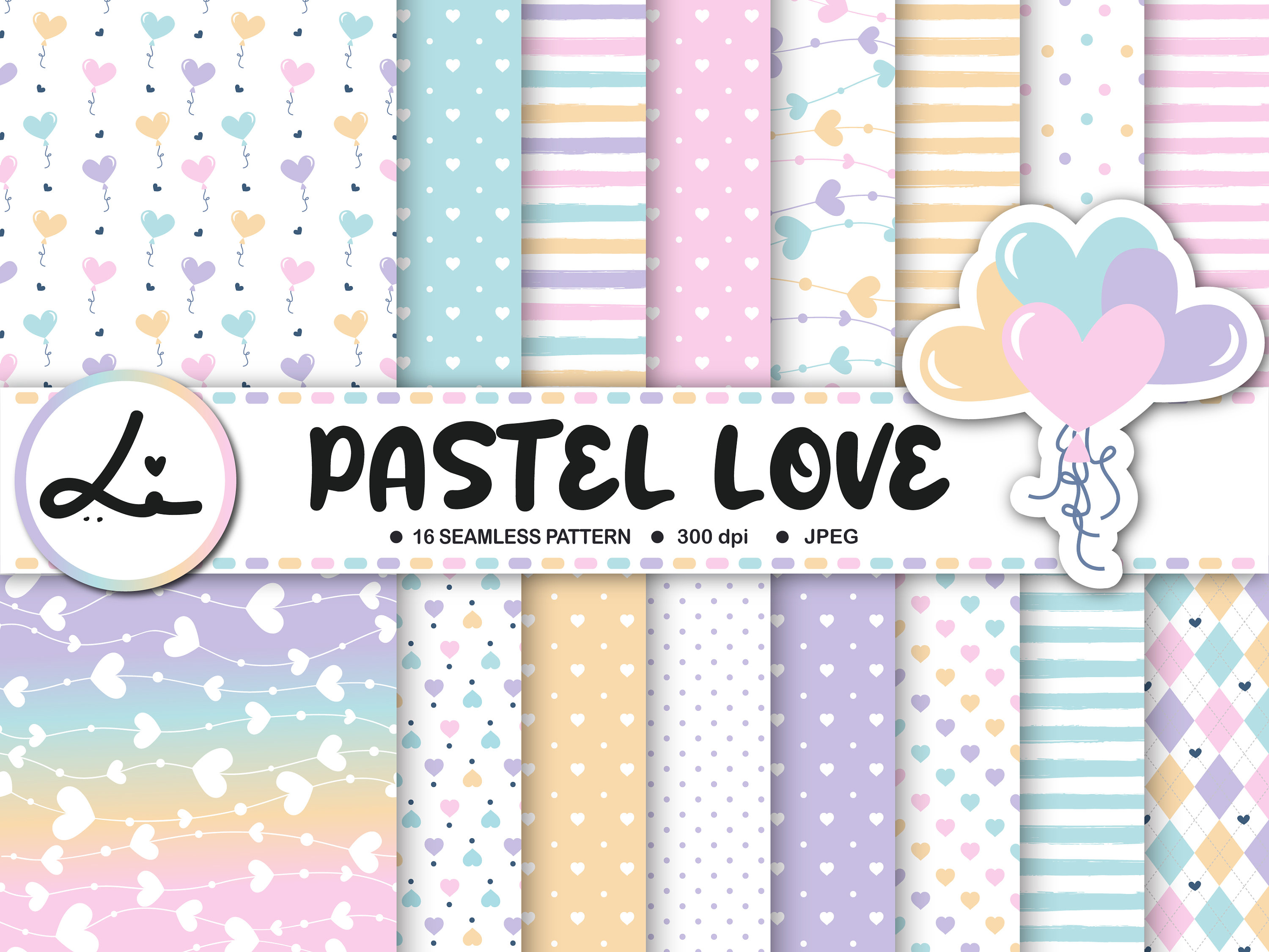 Pastel Love Digital Papers Set, 16 Digital Papers Pastel Valentine ...