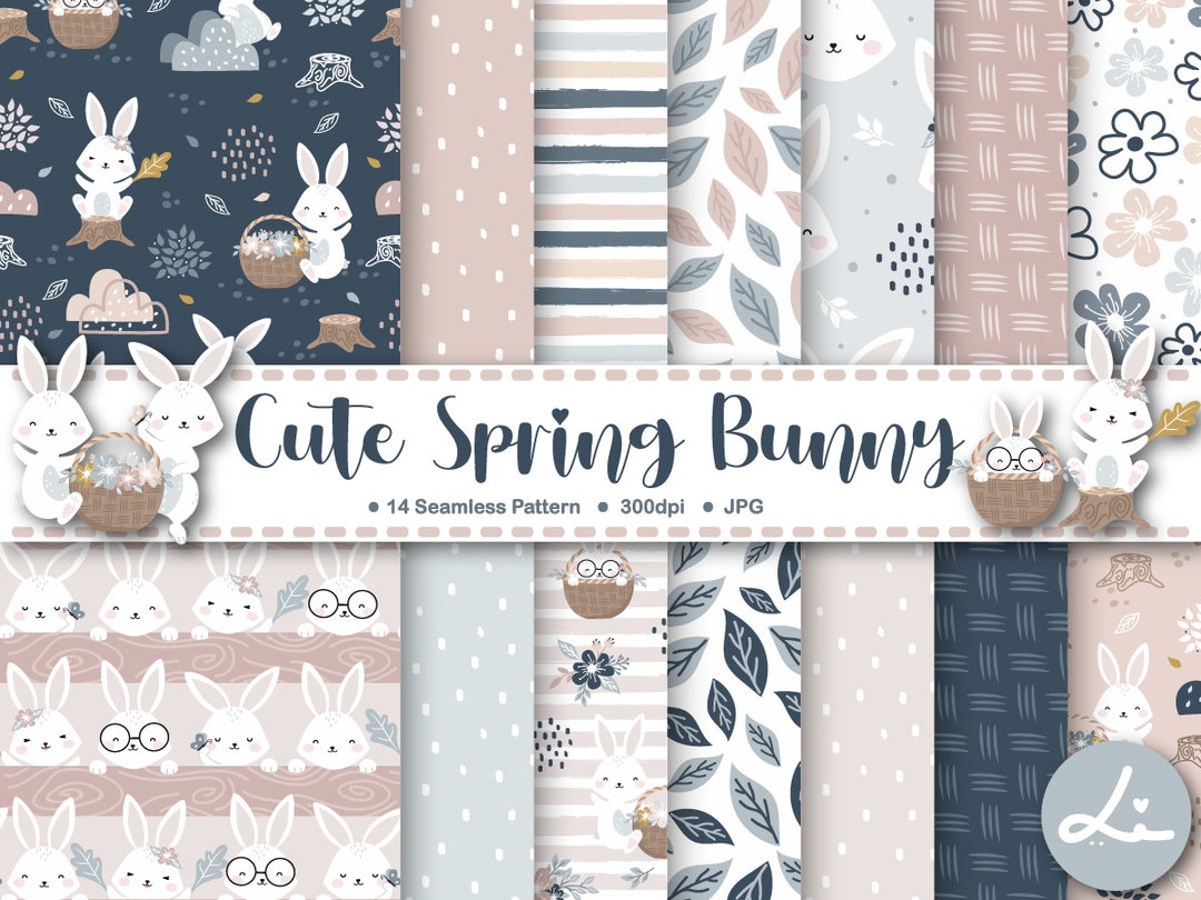 14 Cute Spring Bunny Digital Papers. Cute Bunny Seamless Pattern Set ...