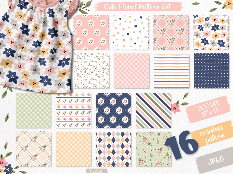 16 Cute Floral Digital Papers. Cute Flower Seamless Pattern Set on ...