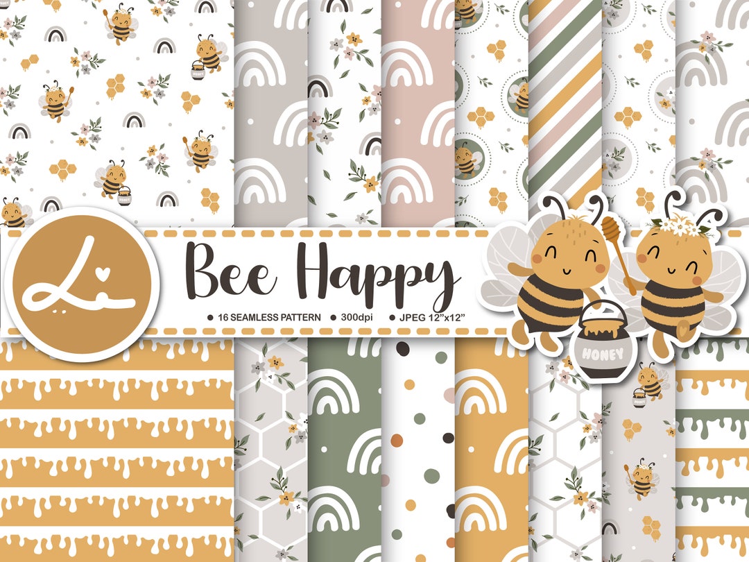 16 Bee Happy Digital Papers. Cute Bees Seamless Pattern Set. Summer ...
