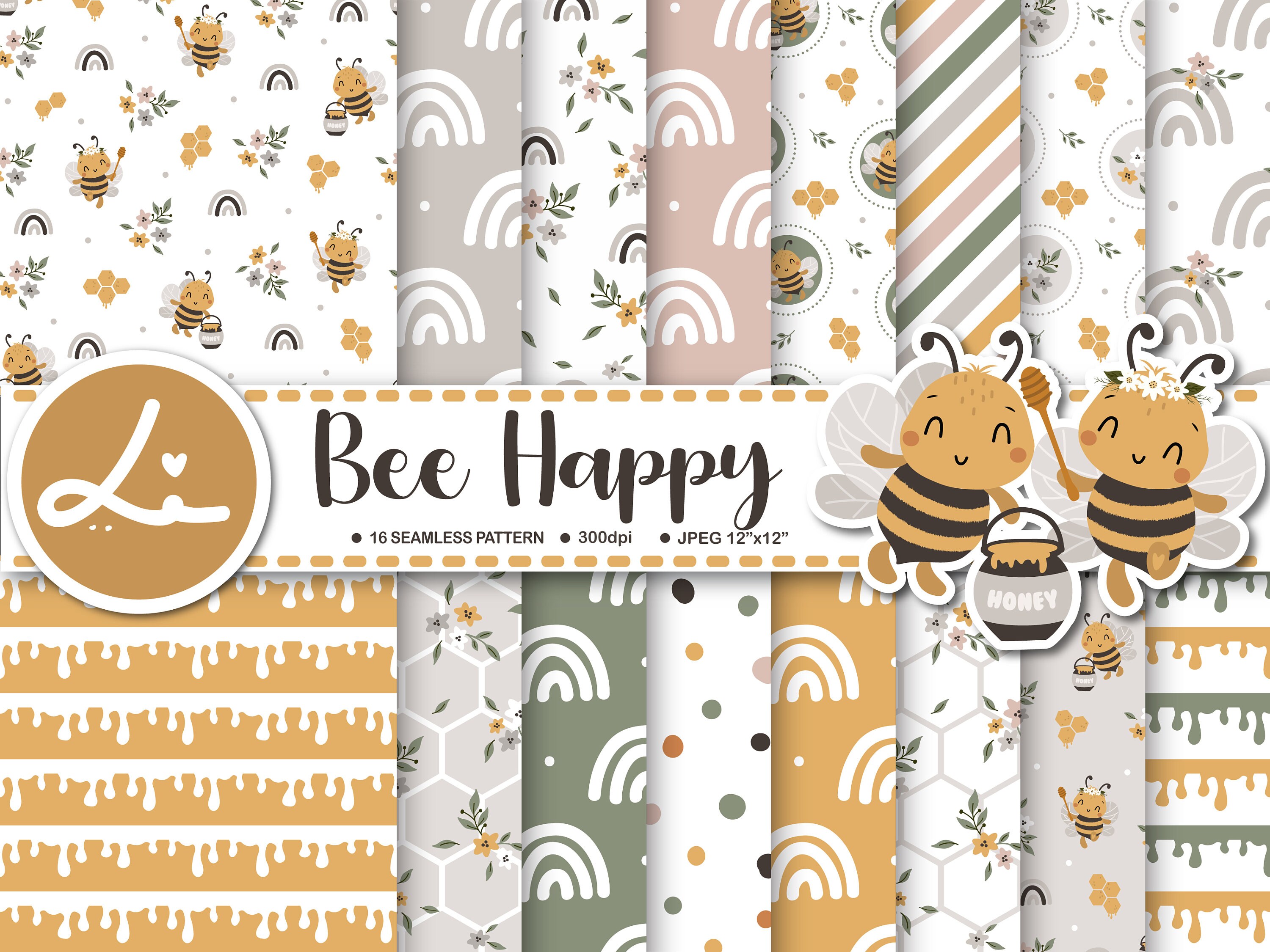 16 Bee Happy Digital Papers. Cute Bees Seamless Pattern Set. Summer ...