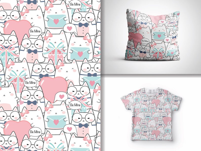 14 Digital Papers Kawaii Cute Cats Fallin' in Love Seamless Pattern Set ...