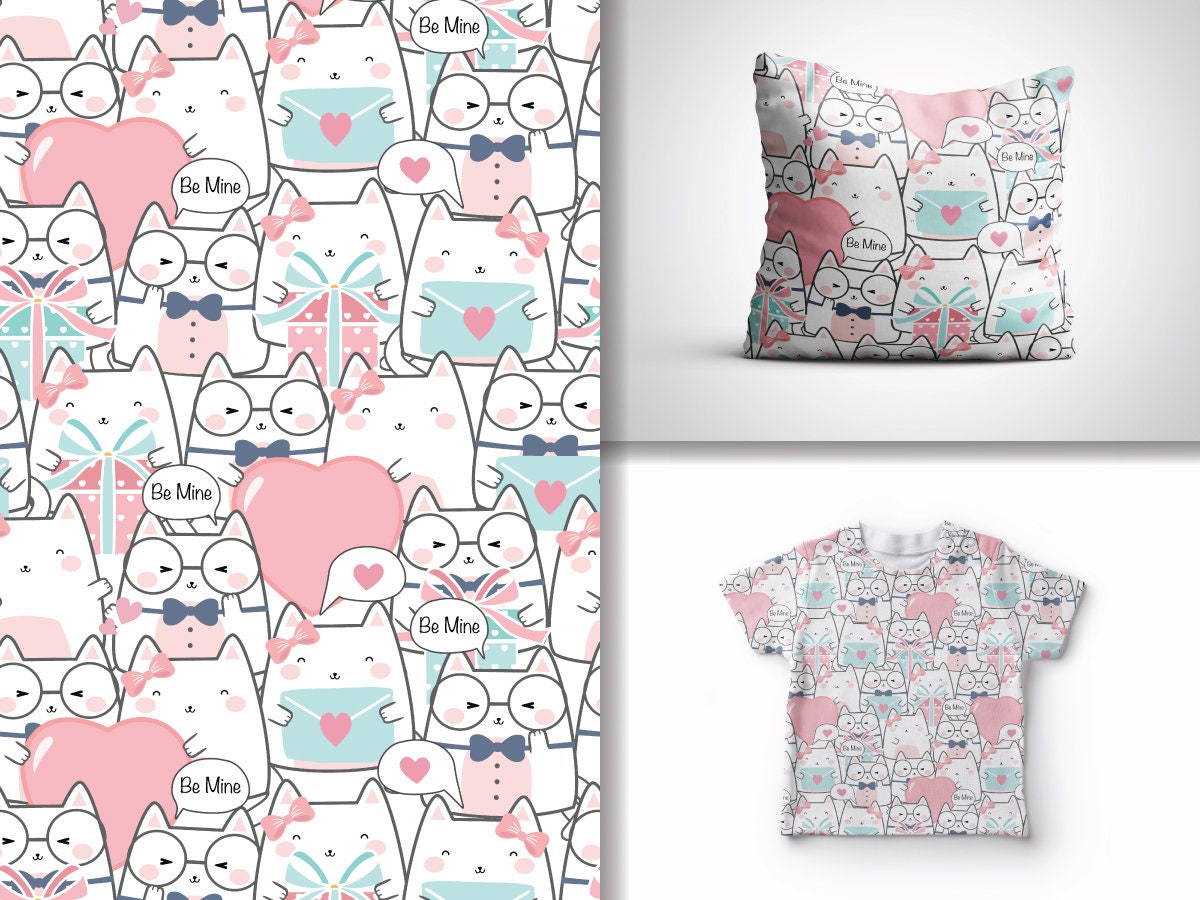 14 Digital Papers Kawaii Cute Cats Fallin' in Love Seamless Pattern Set ...