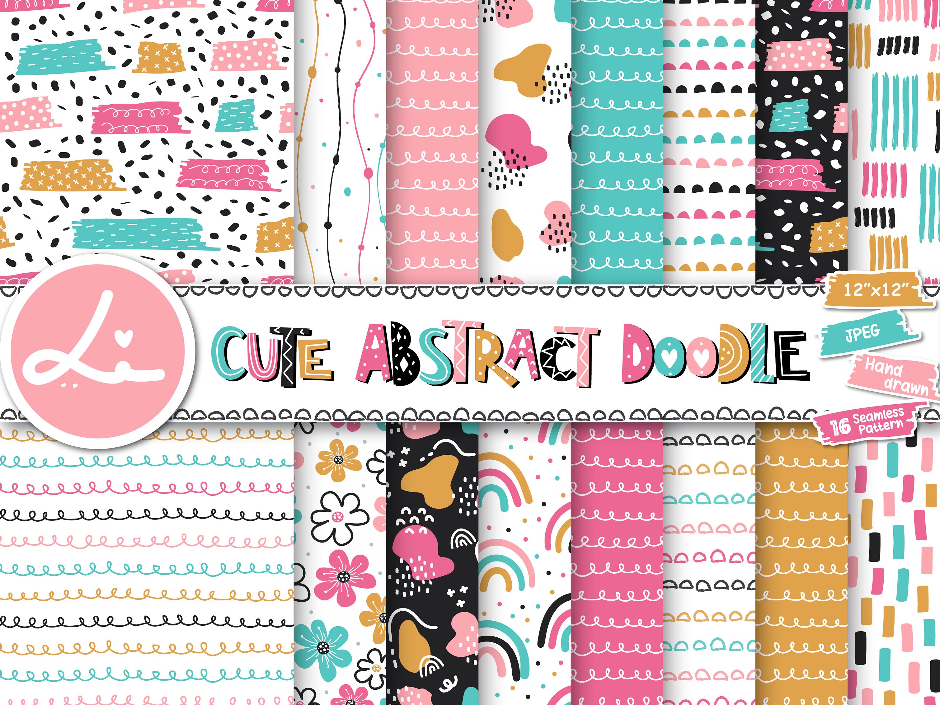 Cute Abstract Doodle Digital Paper, Set 16 Hand Drawn Abstract Doodle ...