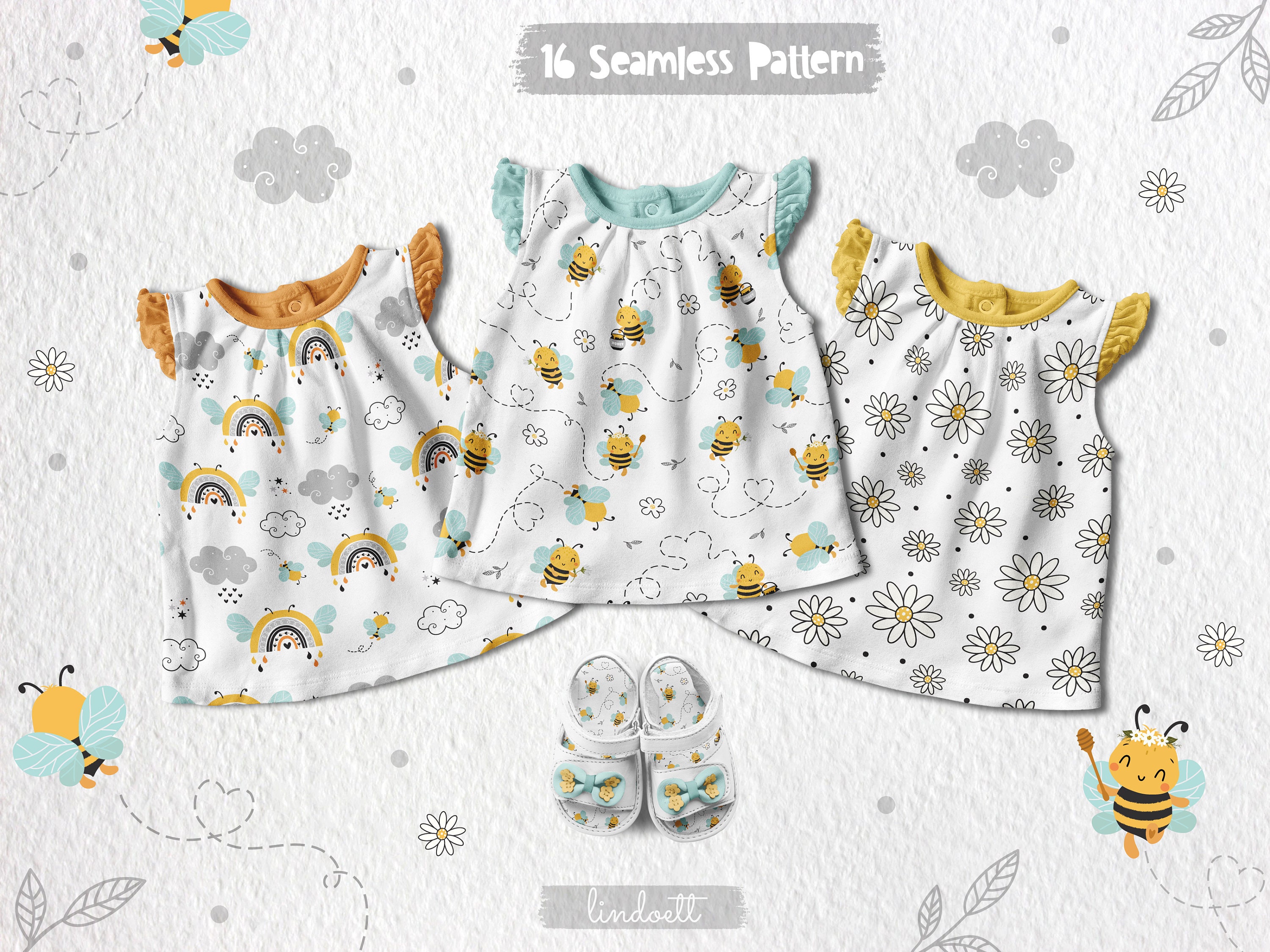 16 Cute Bees Digital Papers. Cute Bees Seamless Pattern Set. Summer ...