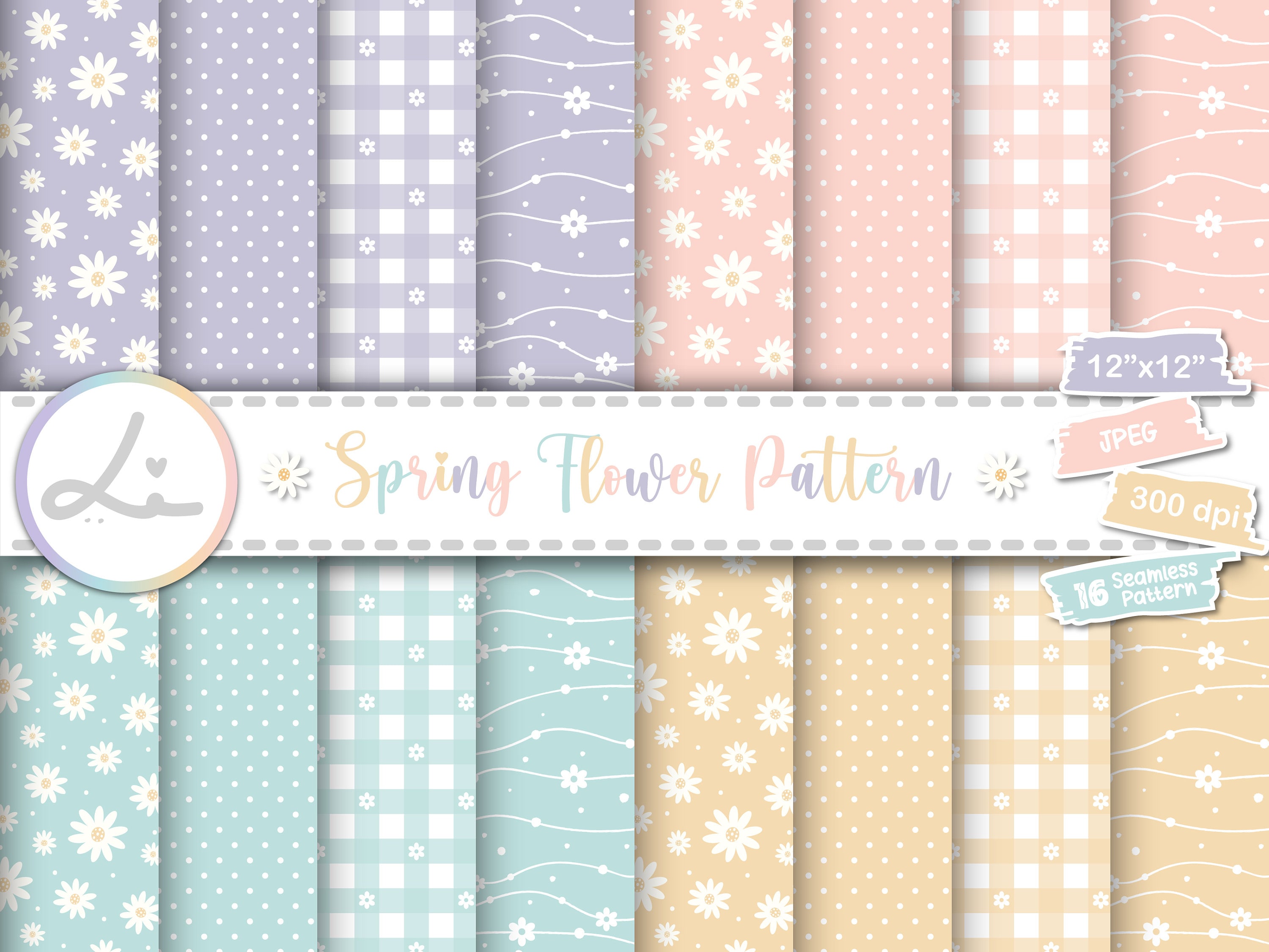 16 Cute Spring Flower Digital Papers. Daisy Floral Seamless Pattern Set ...