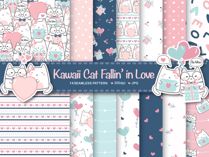 14 Digital Papers Kawaii Cute Cats Fallin' in Love Seamless Pattern Set ...
