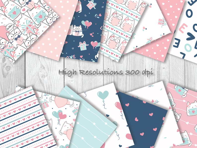 14 Digital Papers Kawaii Cute Cats Fallin' in Love Seamless Pattern Set ...