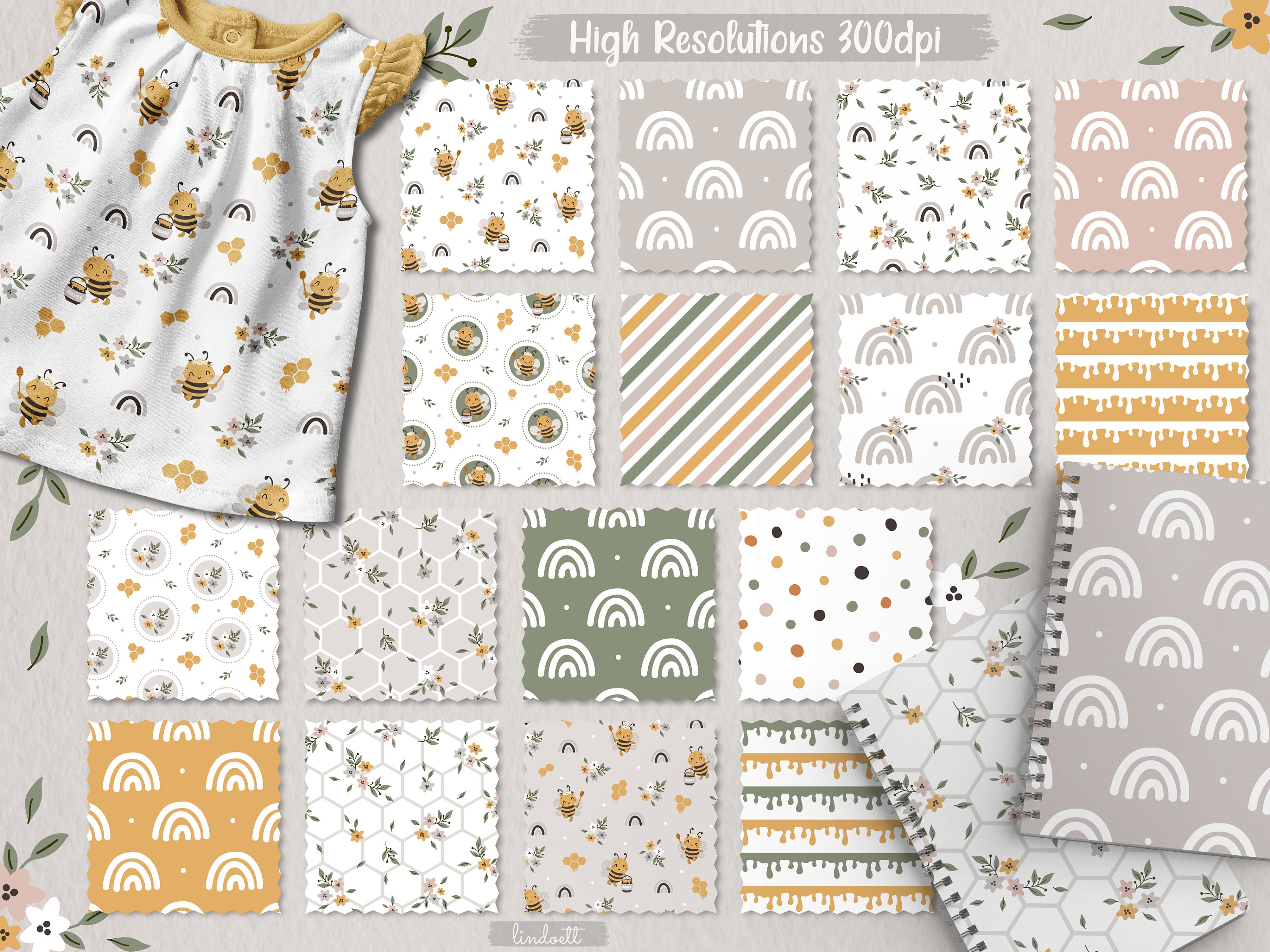 16 Bee Happy Digital Papers. Cute Bees Seamless Pattern Set. Summer ...