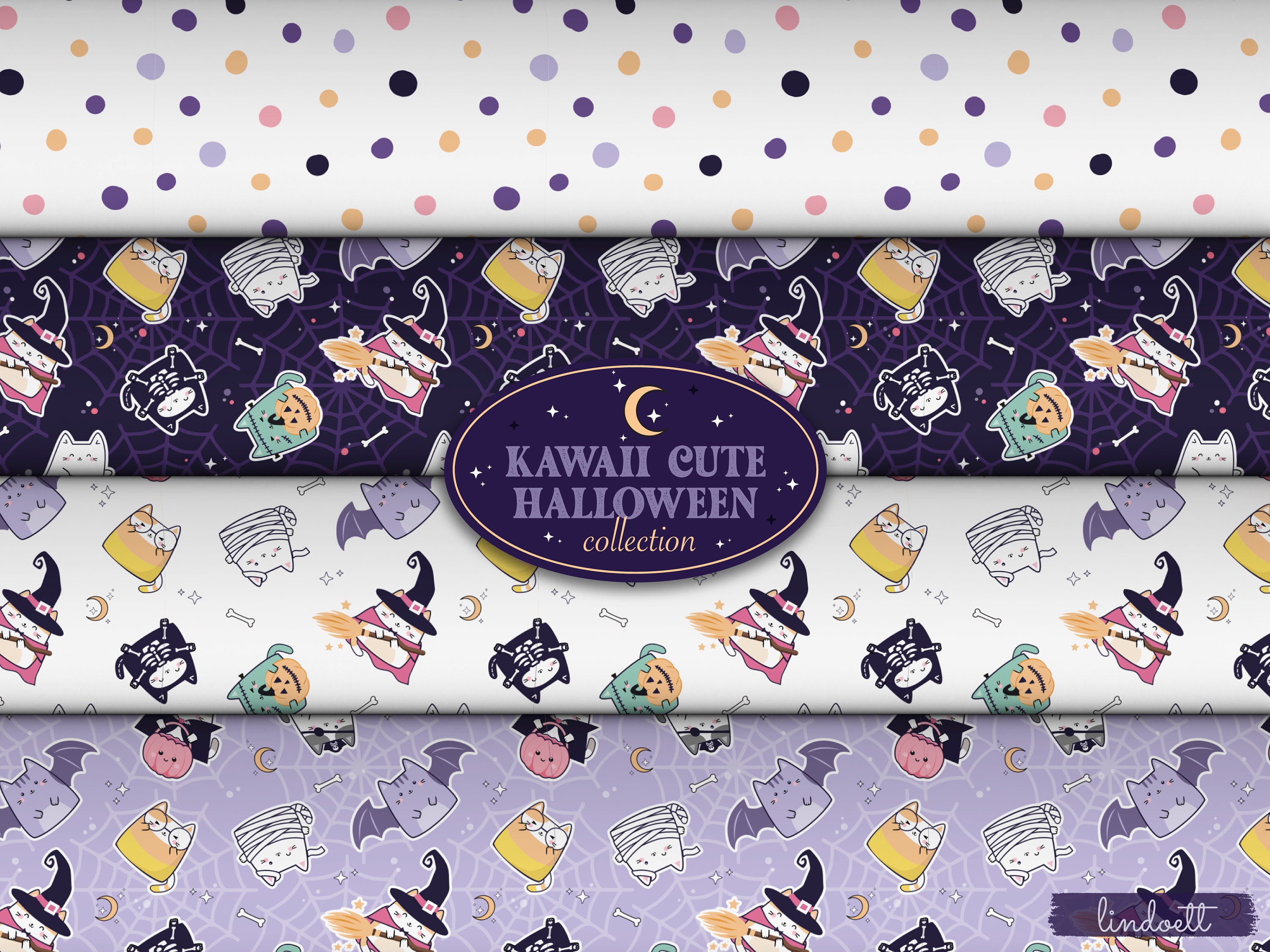 16 Digital Papers Halloween Kawaii Cute Cats Seamless Pattern, Pastel ...